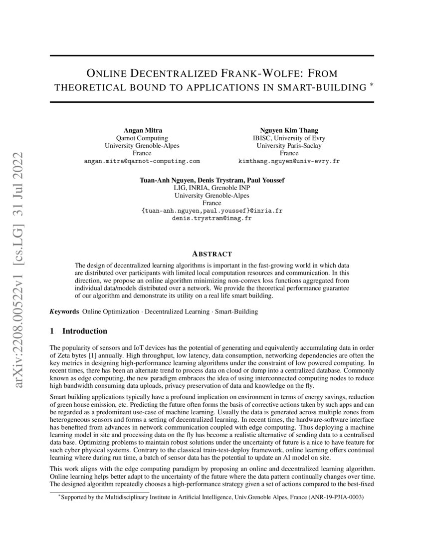 Online Decentralized Frank-Wolfe: From theoretical bound to applications in smart-building | DeepAI