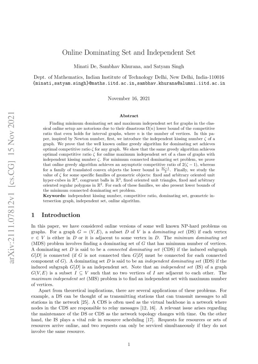Online Dominating Set and Independent Set | DeepAI