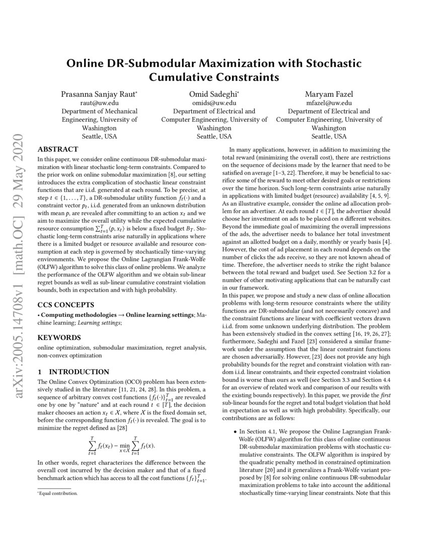 Online Dr Submodular Maximization With Stochastic Cumulative Constraints Deepai