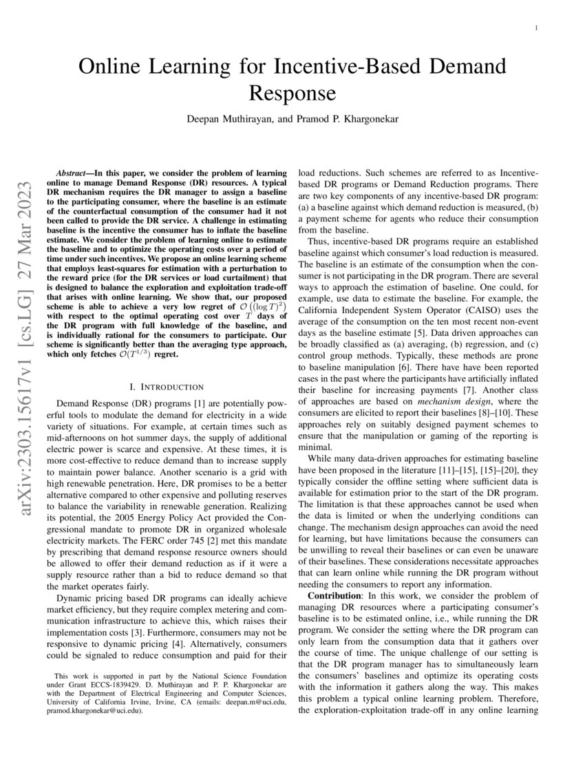 Online Learning for Incentive-Based Demand Response | DeepAI