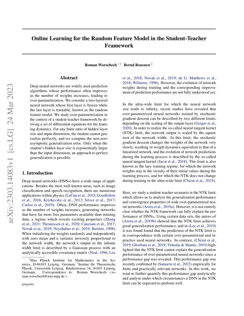 Online Learning for the Random Feature Model in the Student-Teacher Framework | DeepAI