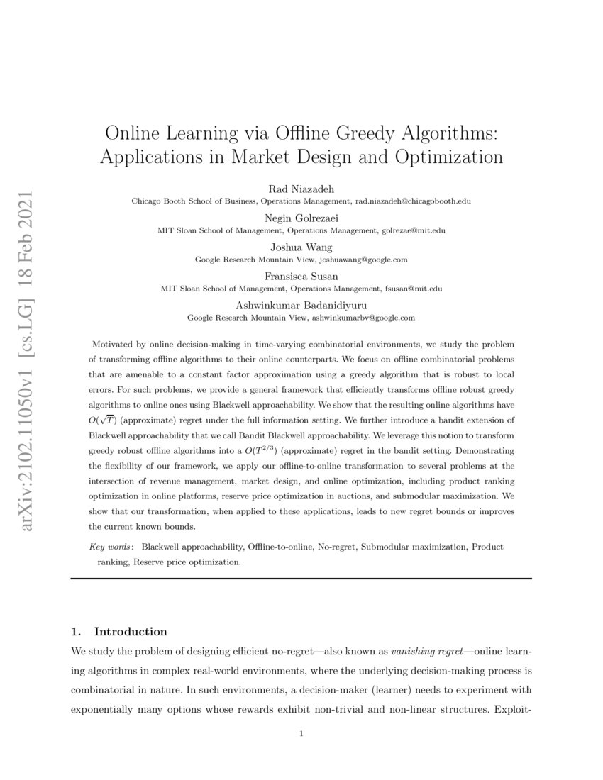 Online Learning Via Offline Greedy Algorithms Applications In Market Design And Optimization