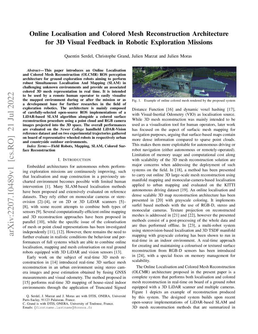 Online Localisation and Colored Mesh Reconstruction Architecture for 3D ...