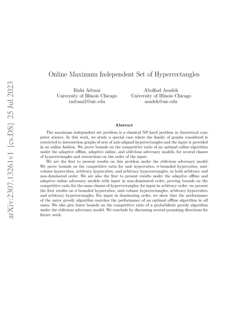 Online Maximum Independent Set of Hyperrectangles | DeepAI Online Maximum Independent Set of Hyperrectangles | DeepAI
