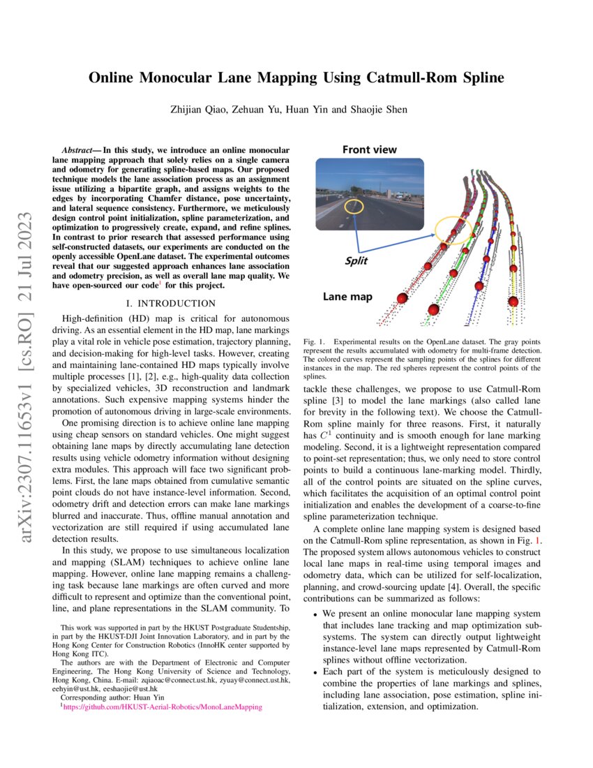 Online Monocular Lane Mapping Using Catmull-Rom Spline | DeepAI