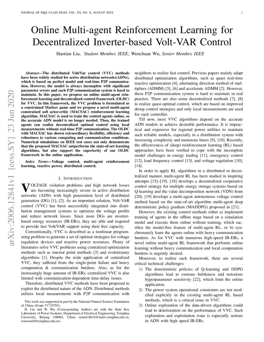 Online Multi Agent Reinforcement Learning For Decentralized Inverter