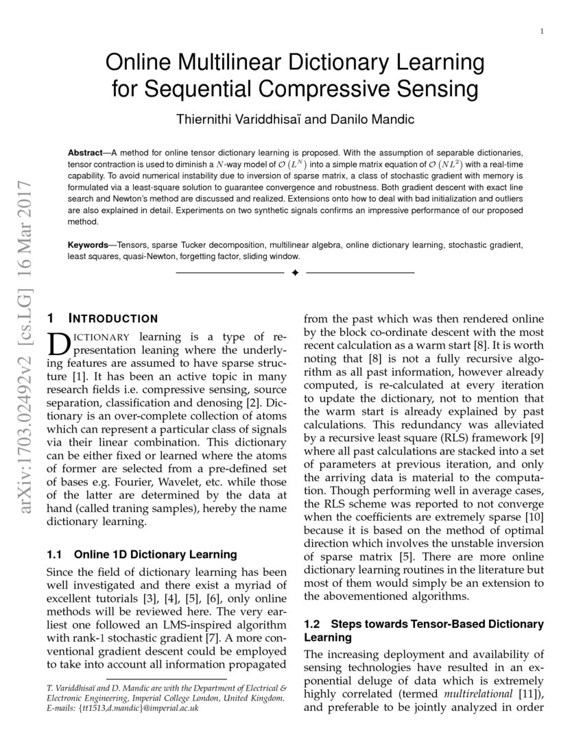 Online Multilinear Dictionary Learning for Sequential Compressive ...