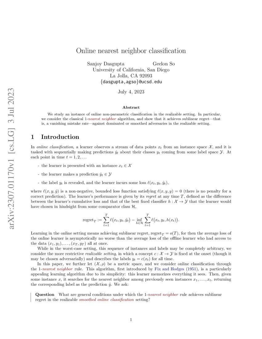 Online Nearest Neighbor Classification Deepai 