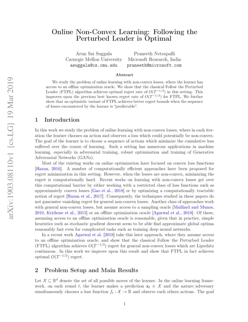 Online Non-Convex Learning: Following the Perturbed Leader is Optimal | DeepAI