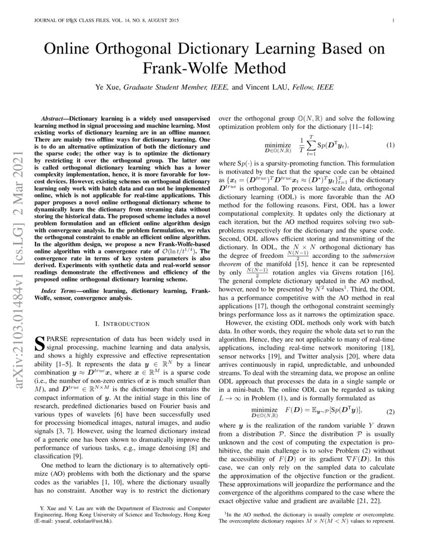 Online Orthogonal Dictionary Learning Based on Frank-Wolfe Method | DeepAI