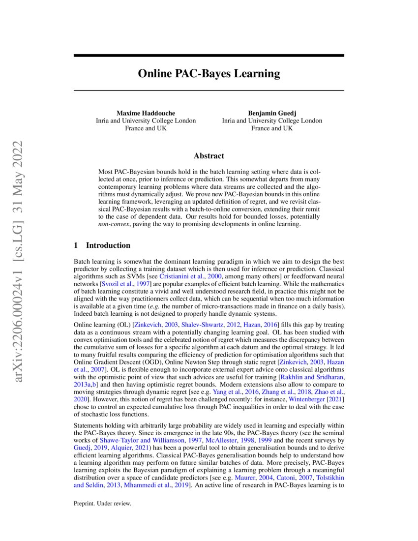 Online PAC-Bayes Learning | DeepAI