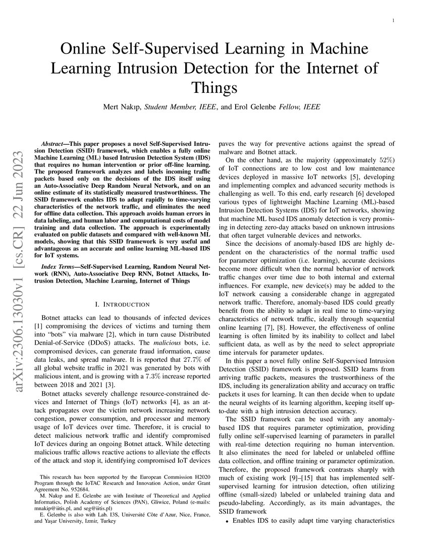 Online Self Supervised Learning In Machine Learning Intrusion Detection For The Internet Of