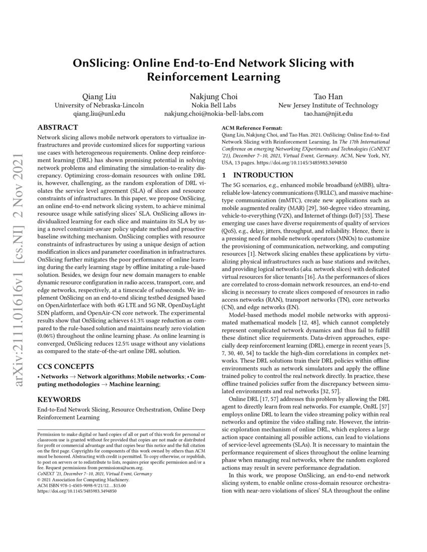 Onslicing Online End To End Network Slicing With Reinforcement Learning Deepai