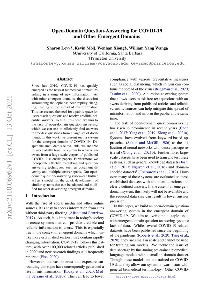 Open-Domain Question-Answering for COVID-19 and Other Emergent Domains ...