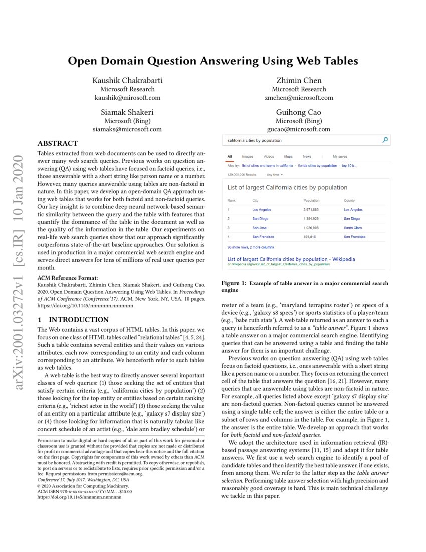 Open Domain Question Answering Using Web Tables Deepai