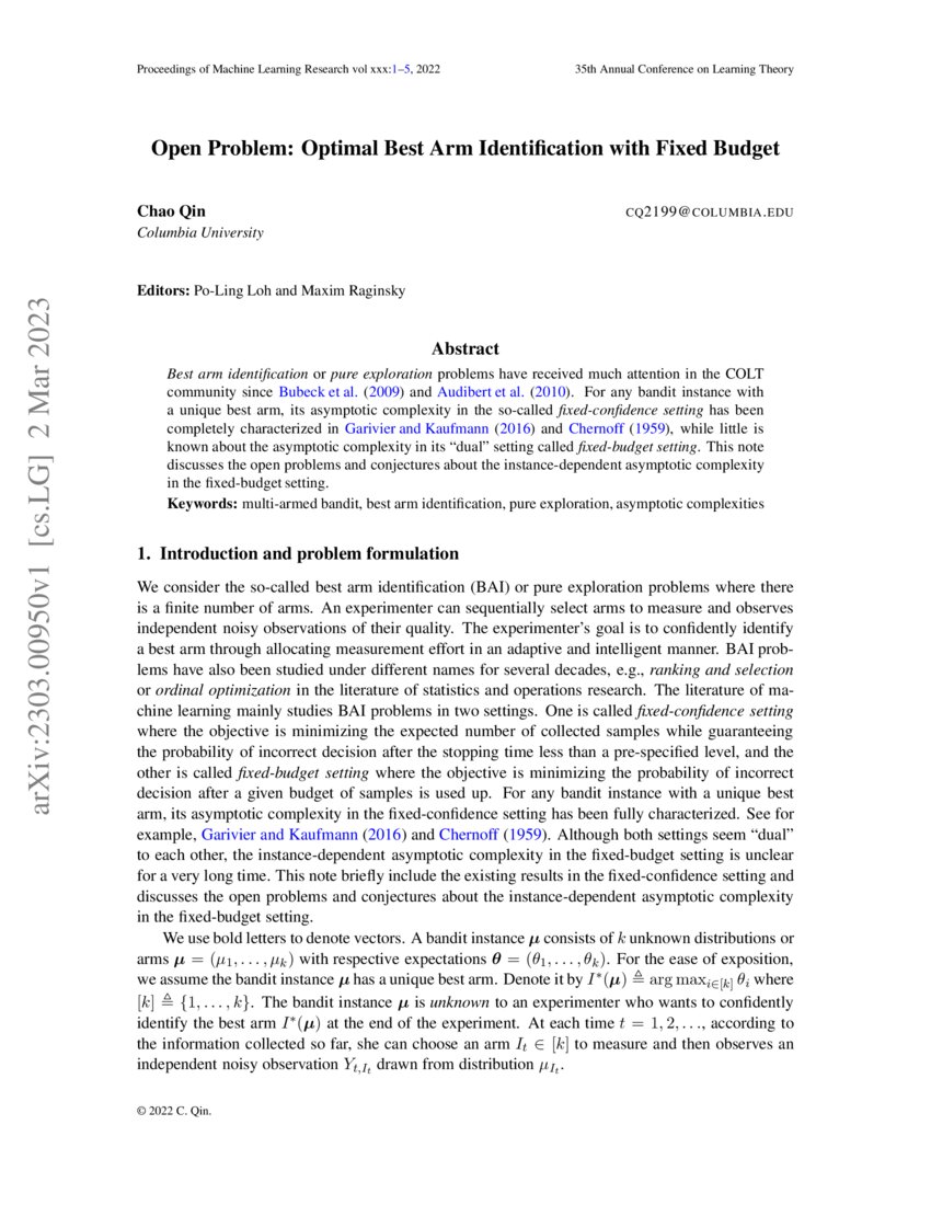 Open Problem Optimal Best Arm Identification With Fixed Budget Deepai