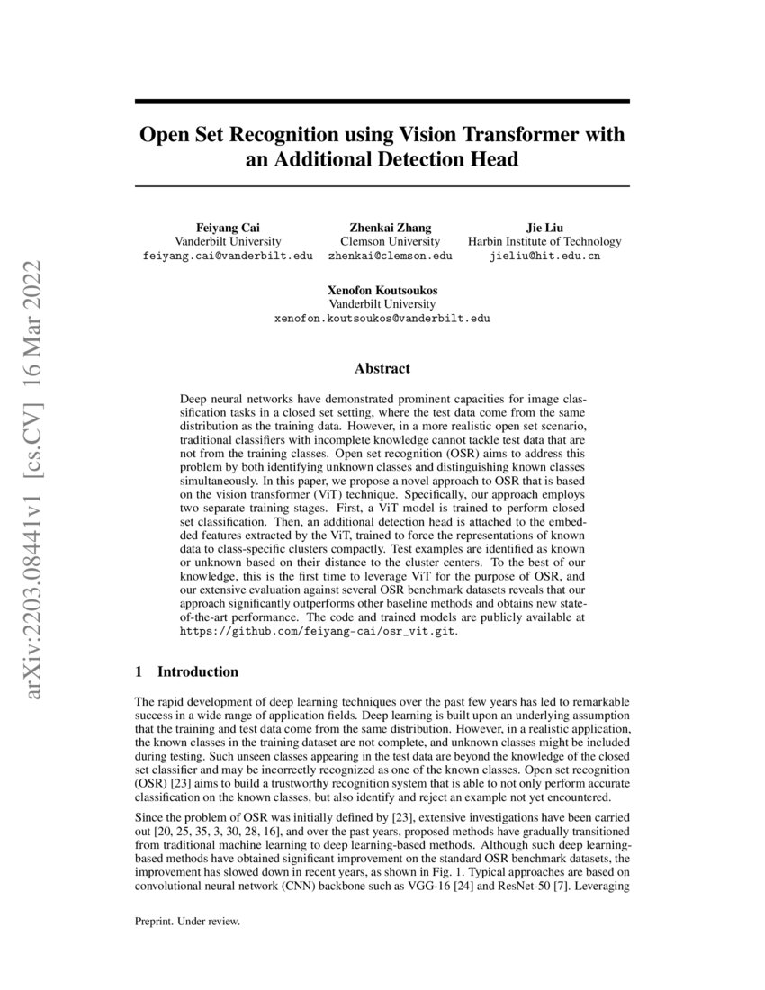 Open Set Recognition using Vision Transformer with an Additional Detection Head | DeepAI