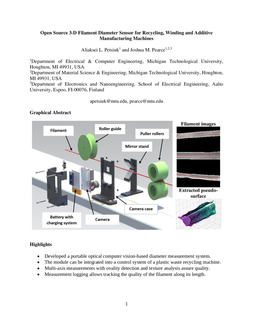 Open Source 3-D Filament Diameter Sensor for Recycling, Winding and ...