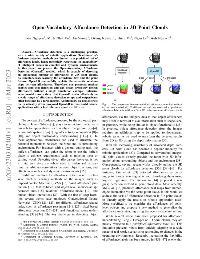 Open-Vocabulary Affordance Detection in 3D Point Clouds | DeepAI