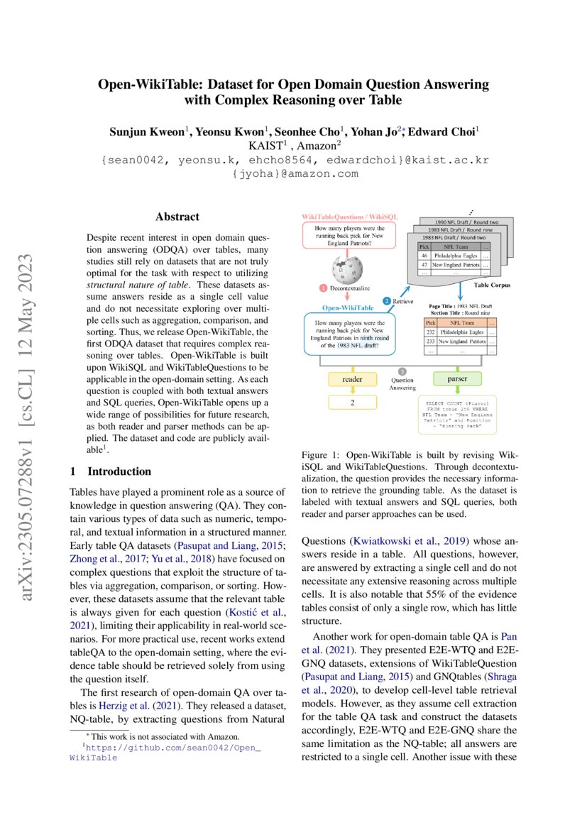 Open Wikitable Dataset For Open Domain Question Answering With Complex Reasoning Over Table