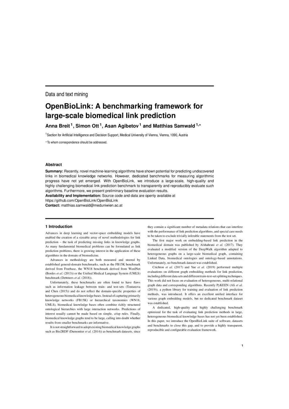 OpenBioLink: A benchmarking framework for large-scale biomedical link prediction | DeepAI