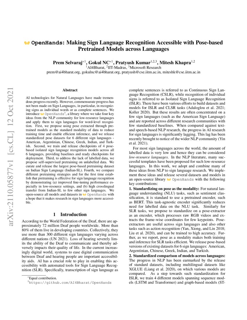 OpenHands: Making Sign Language Recognition Accessible with Pose-based ...
