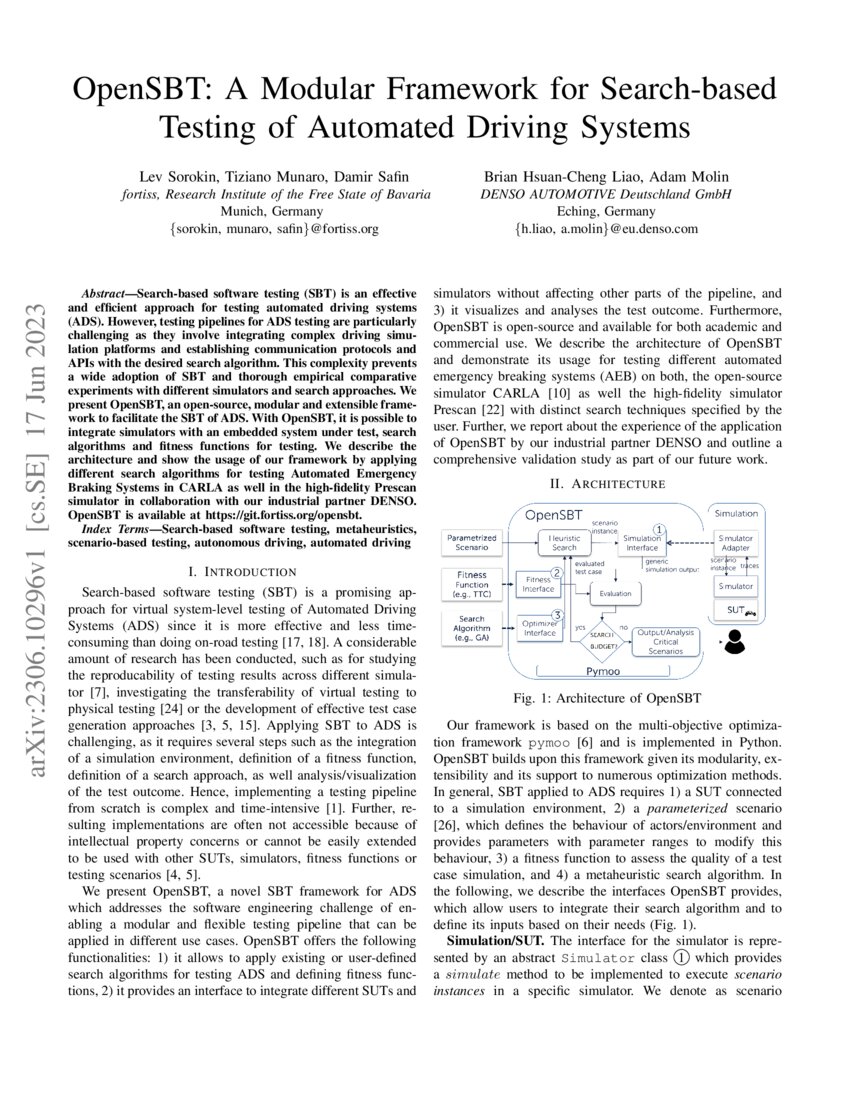 Opensbt A Modular Framework For Search Based Testing Of Automated Driving Systems Deepai
