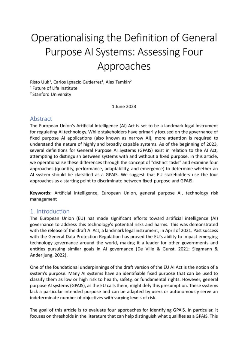 Operationalising the Definition of General Purpose AI Systems ...