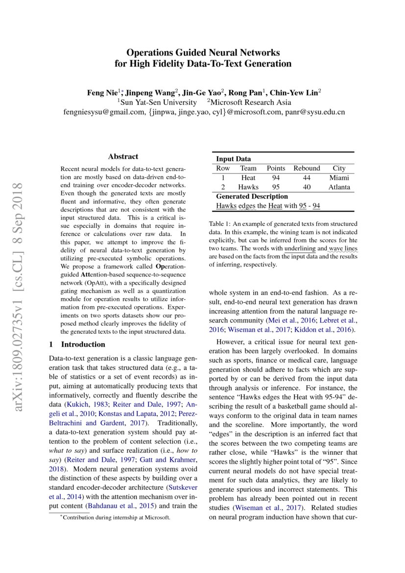 Operations Guided Neural Networks For High Fidelity Data To Text