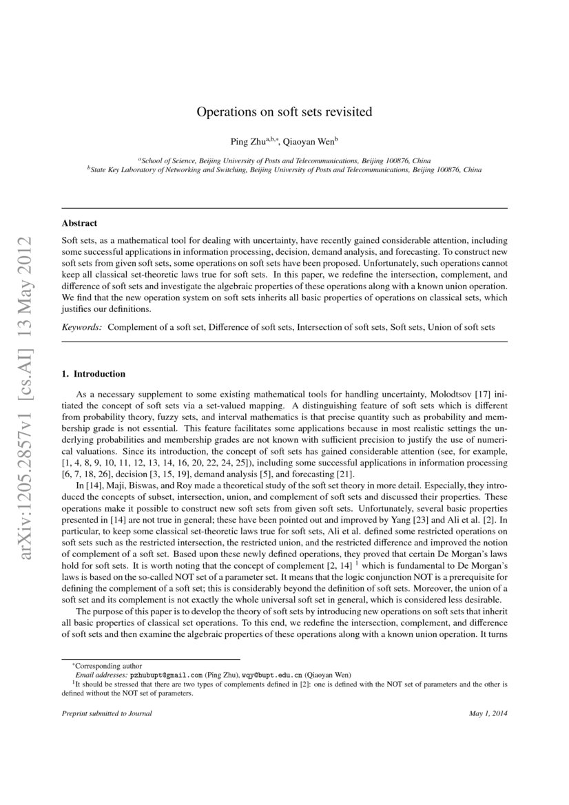 Operations on soft sets revisited | DeepAI