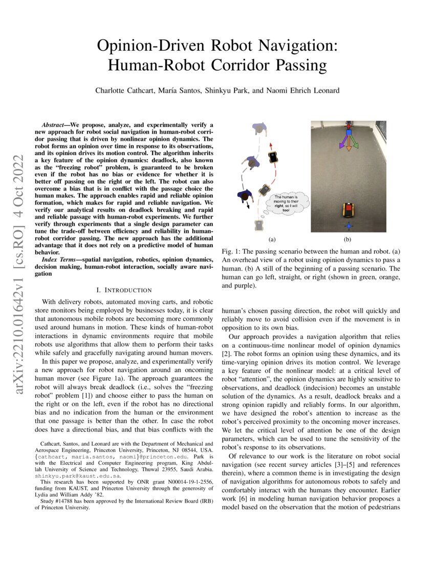 Opinion-Driven Robot Navigation: Human-Robot Corridor Passing | DeepAI