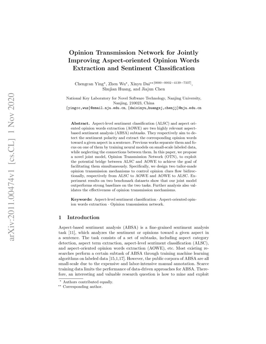 Opinion Transmission Network For Jointly Improving Aspect Oriented
