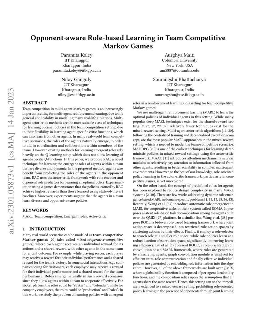 Opponent-aware Role-based Learning in Team Competitive Markov Games | DeepAI
