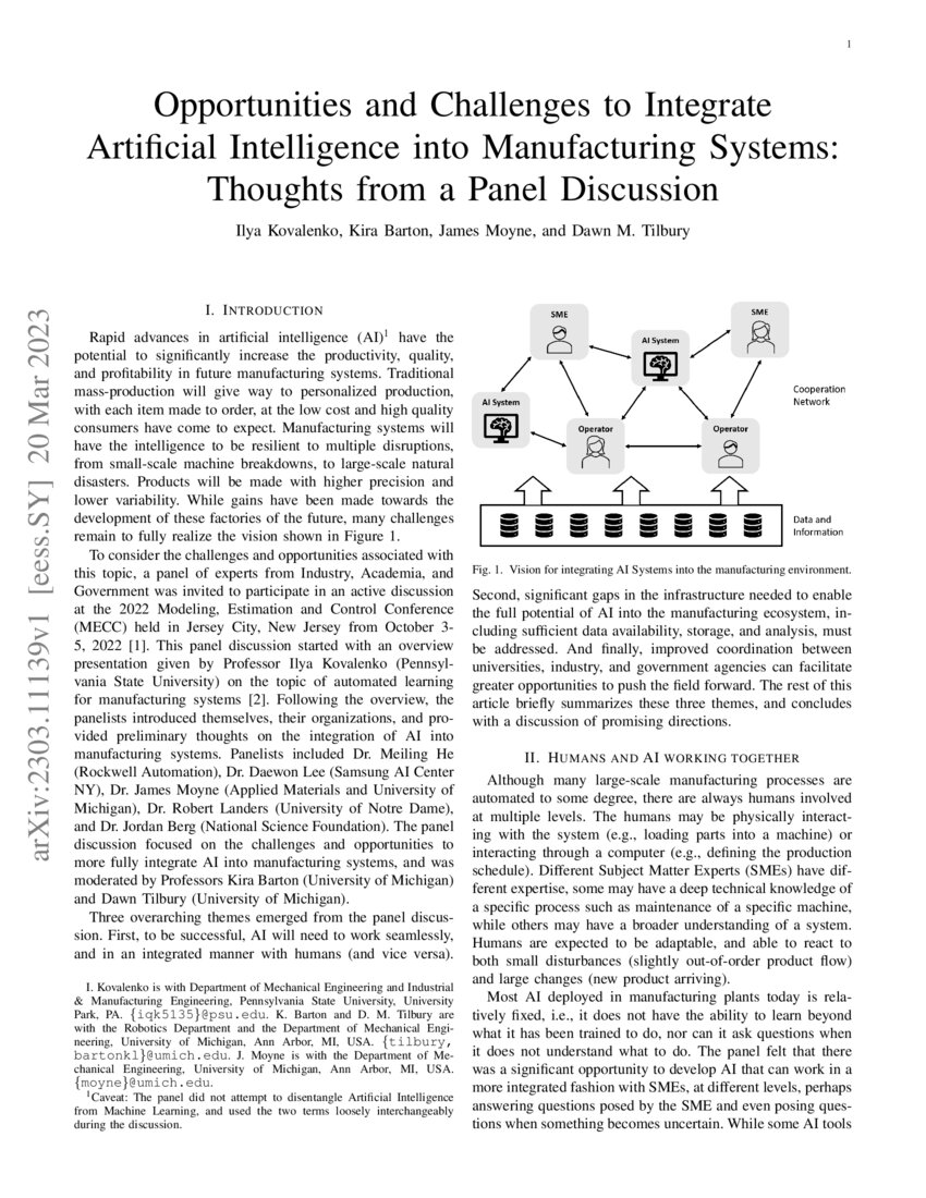 Opportunities and Challenges to Integrate Artificial Intelligence into Manufacturing Systems ...