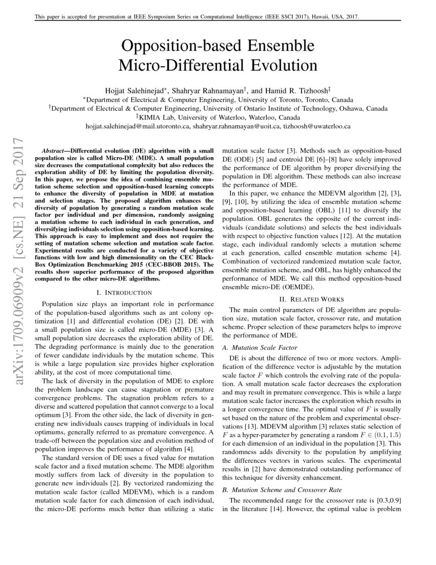 Opposition based Ensemble Micro Differential Evolution | DeepAI