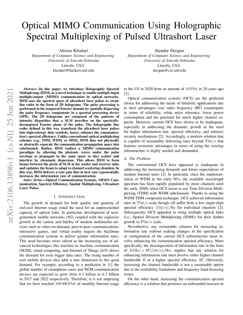 Optical MIMO Communication Using Holographic Spectral Multiplexing of ...