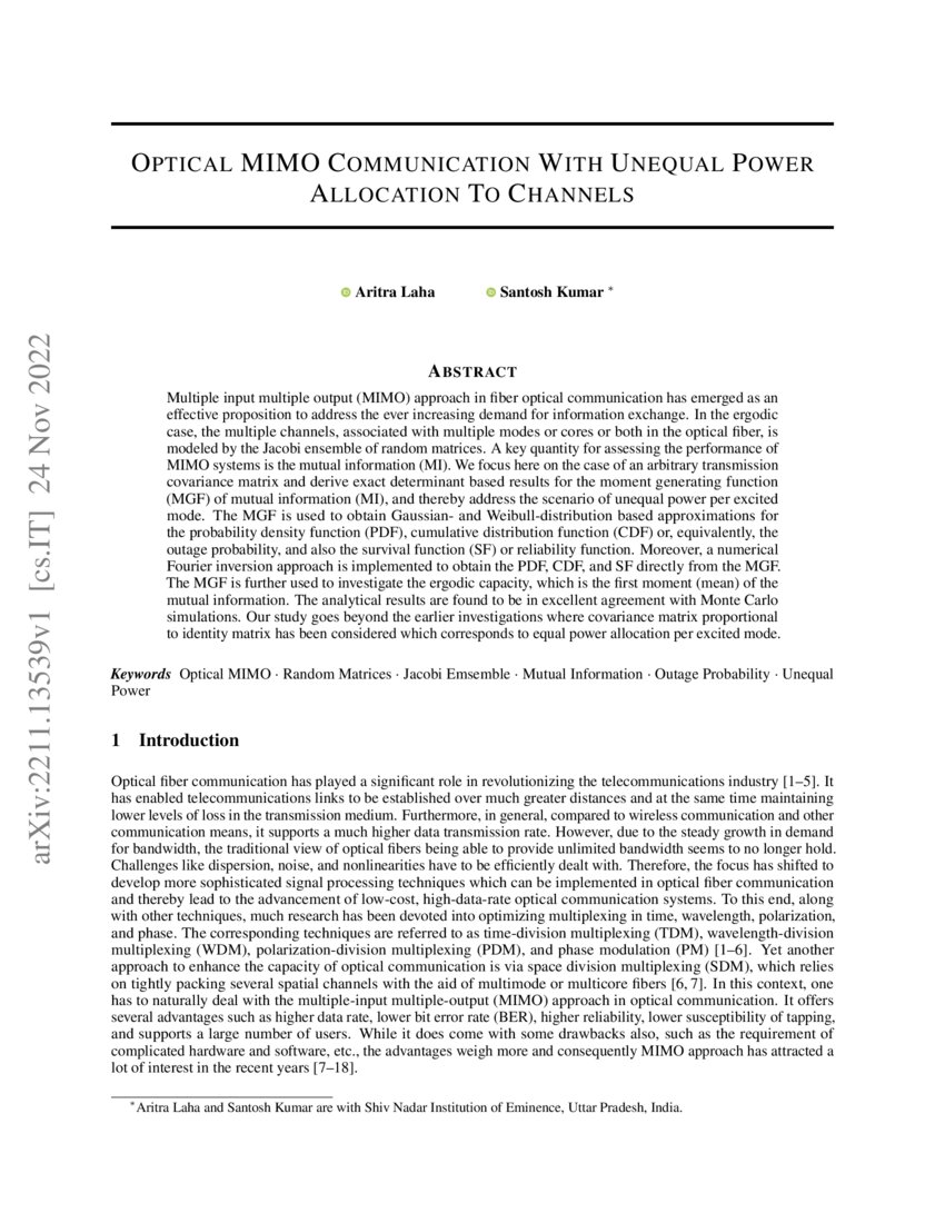 Optical MIMO communication with unequal power allocation to channels ... Optical MIMO communication with unequal power allocation to channels ...