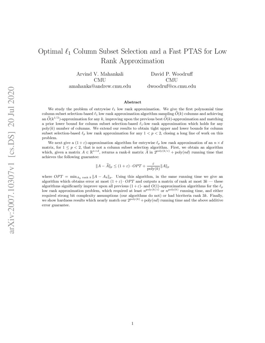 Optimal ℓ 1 Column Subset Selection And A Fast Ptas For Low Rank Approximation Deepai