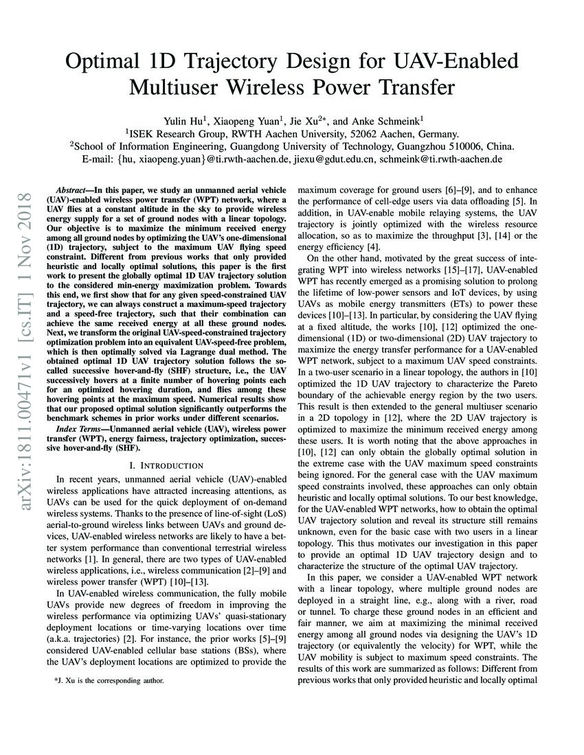 Optimal 1d Trajectory Design For Uav Enabled Multiuser Wireless Power Transfer Deepai