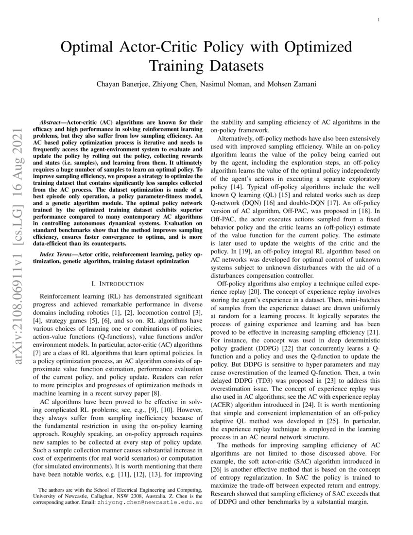 Optimal Actor-Critic Policy with Optimized Training Datasets | DeepAI