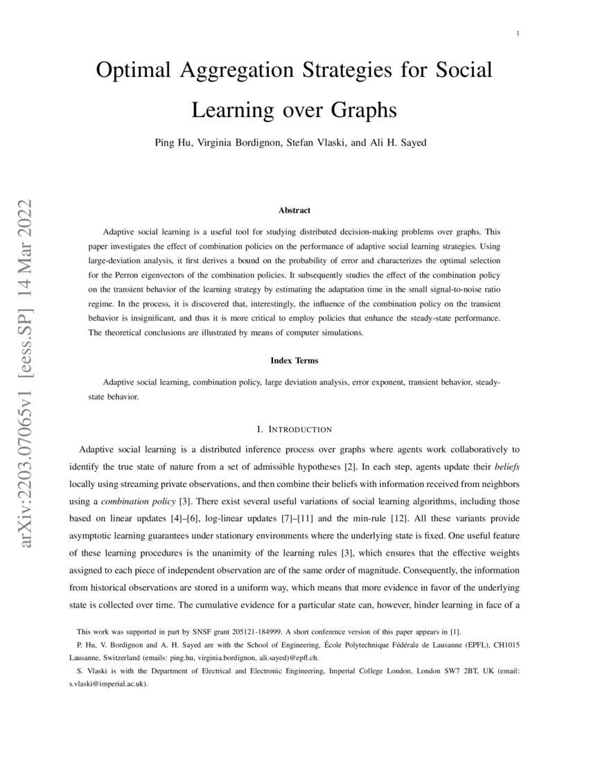 Optimal Aggregation Strategies for Social Learning over Graphs | DeepAI