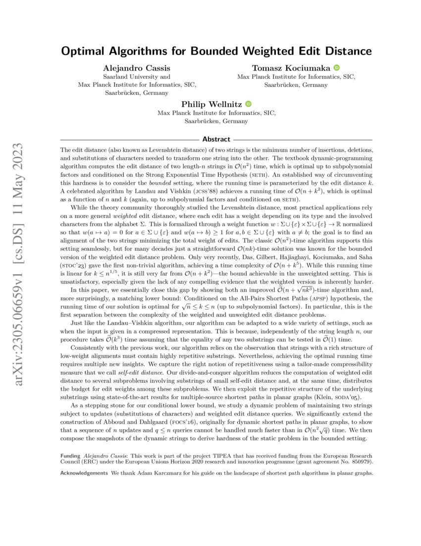 Optimal Algorithms for Bounded Weighted Edit Distance | DeepAI Optimal Algorithms for Bounded Weighted Edit Distance | DeepAI
