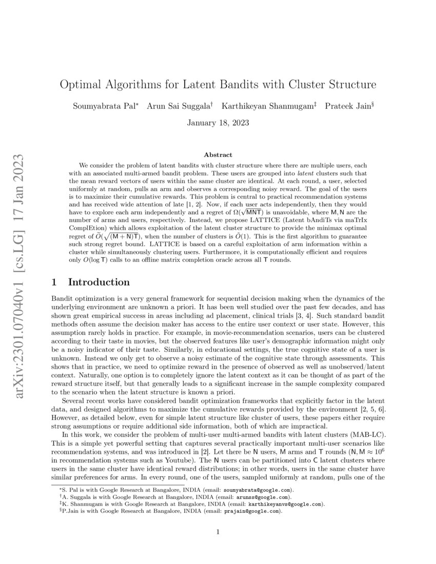 Optimal Algorithms for Latent Bandits with Cluster Structure | DeepAI Optimal Algorithms for Latent Bandits with Cluster Structure | DeepAI