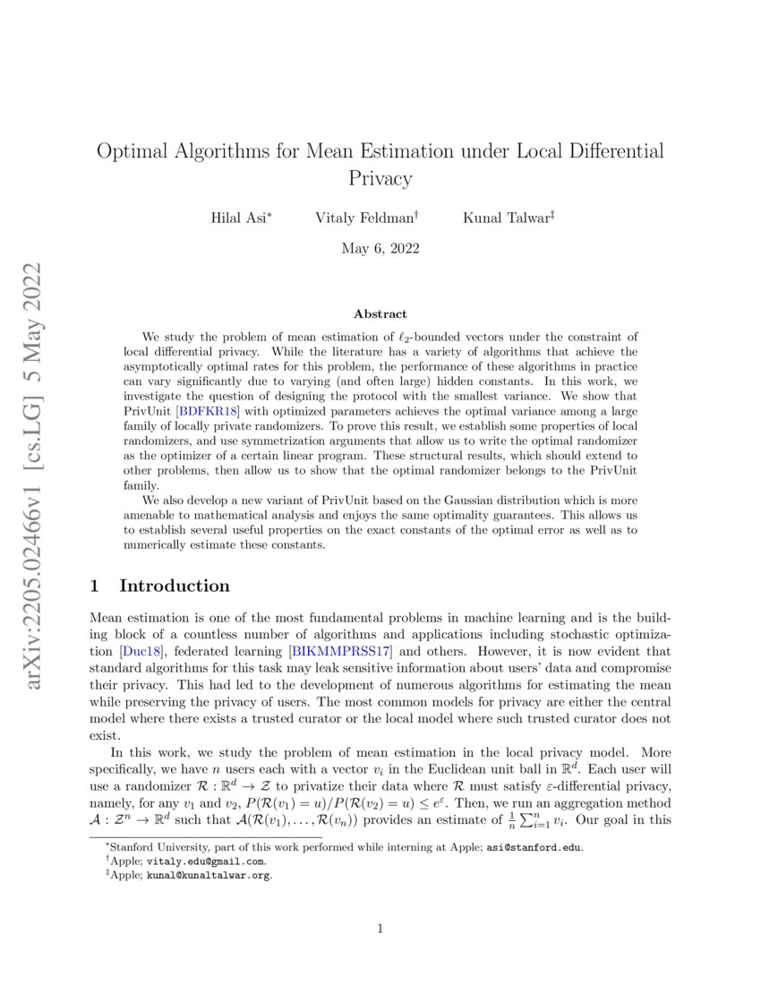 Optimal Algorithms For Mean Estimation Under Local Differential Privacy Deepai