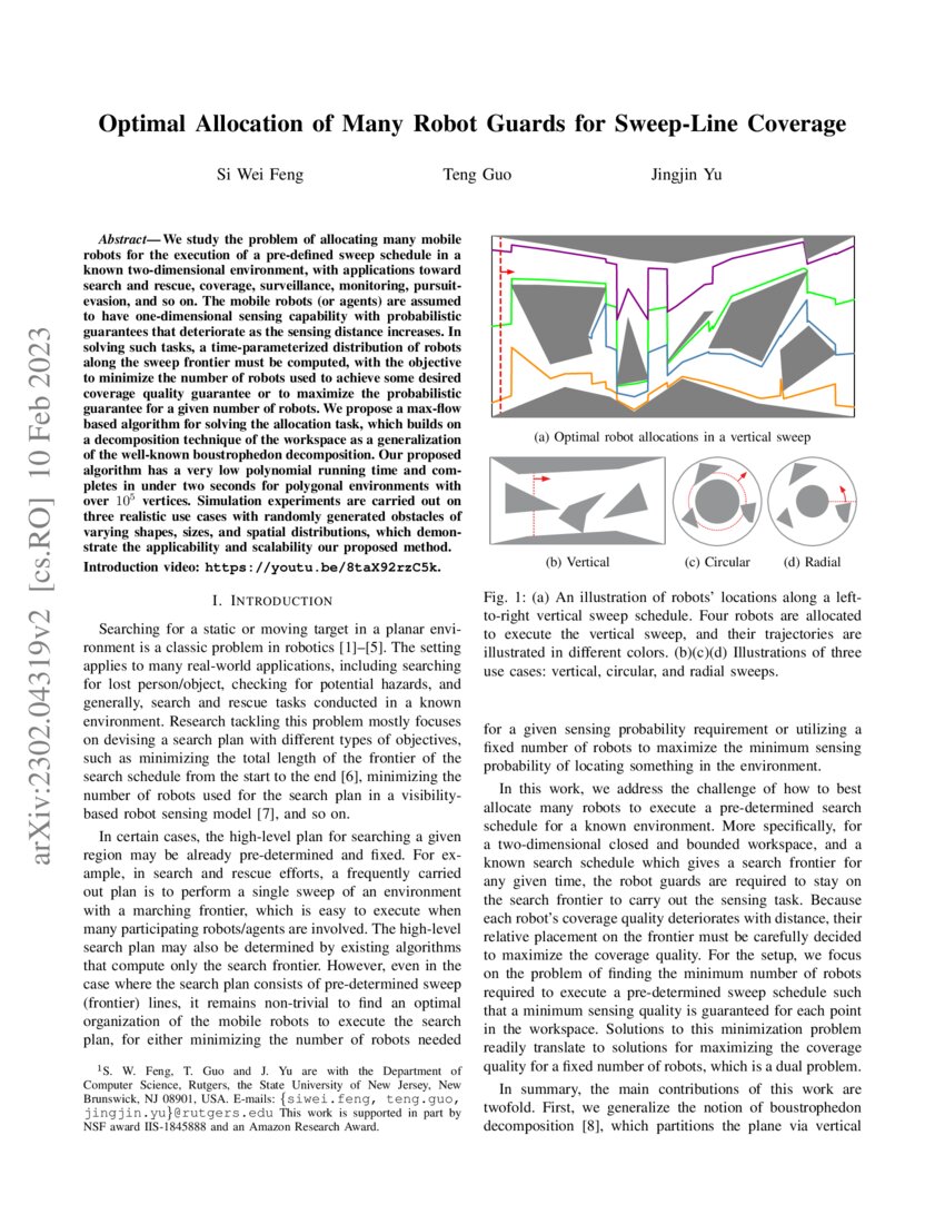 Optimal Allocation of Many Robot Guards for Sweep-Line Coverage | DeepAI