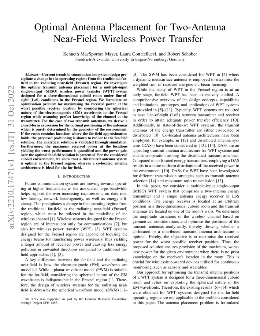 Optimal Antenna Placement for Two-Antenna Near-Field Wireless Power Transfer | DeepAI