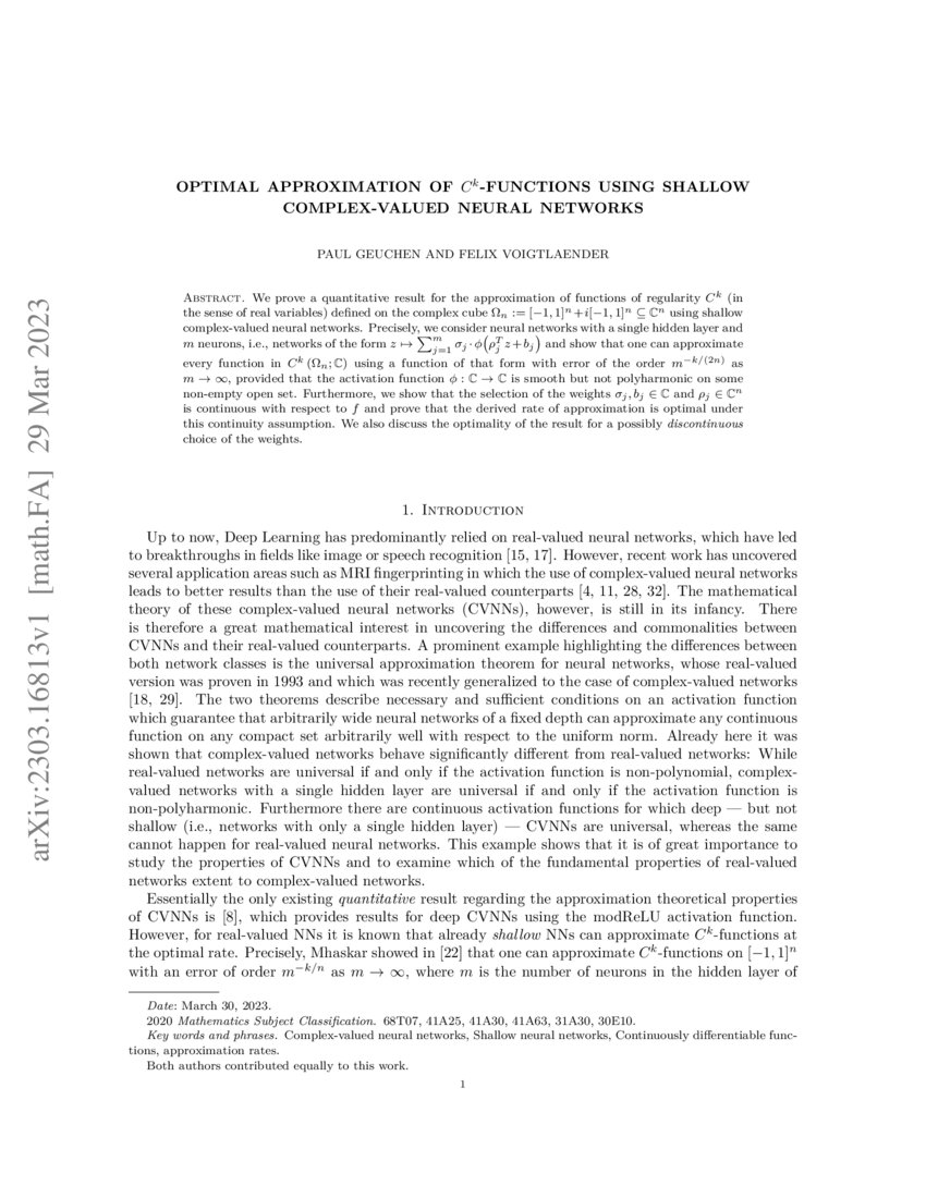 Optimal Approximation Of C K Functions Using Shallow Complex Valued Neural Networks Deepai