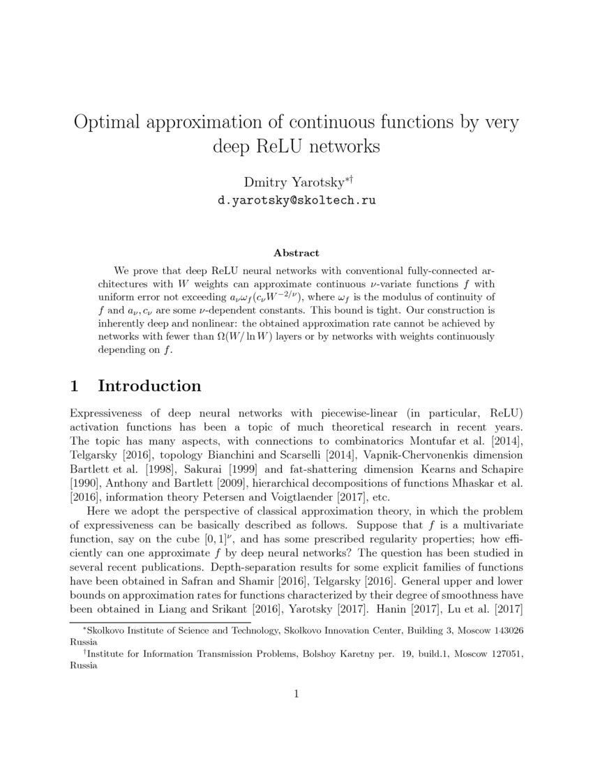 Optimal Approximation Of Continuous Functions By Very Deep Relu Networks Deepai 2001