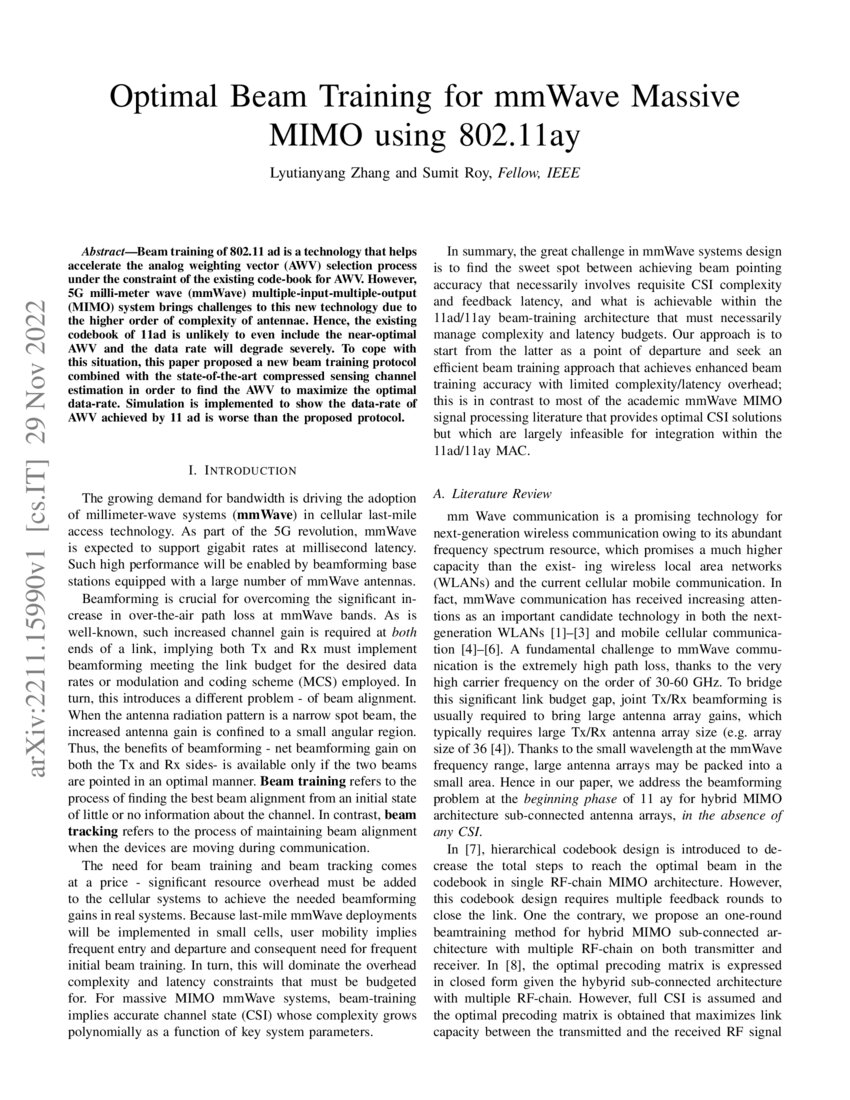 Optimal Beam Training For Mmwave Massive Mimo Using 802 11ay Deepai