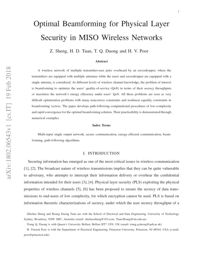 Optimal Beamforming For Physical Layer Security In Miso Wireless Networks Deepai